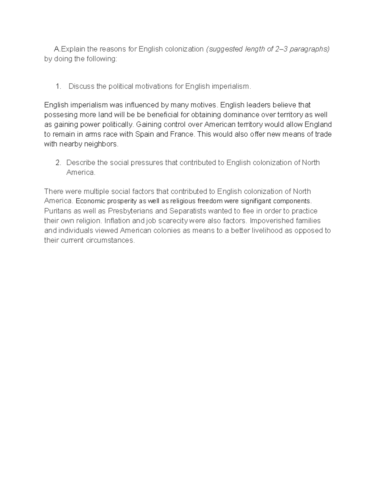 US History Task 1: English Colonization & Political Motivations ...