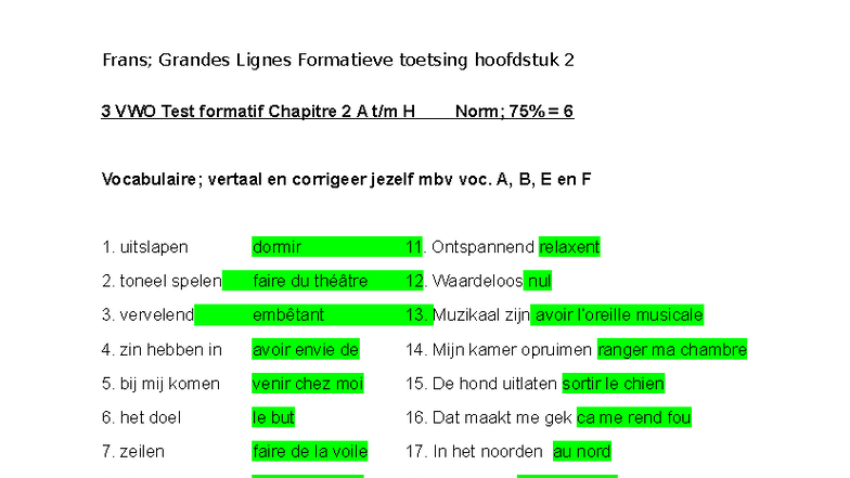 3 VWO Formatieve Toets Frans - Hoofdstuk 2 A t/m H - Studeersnel