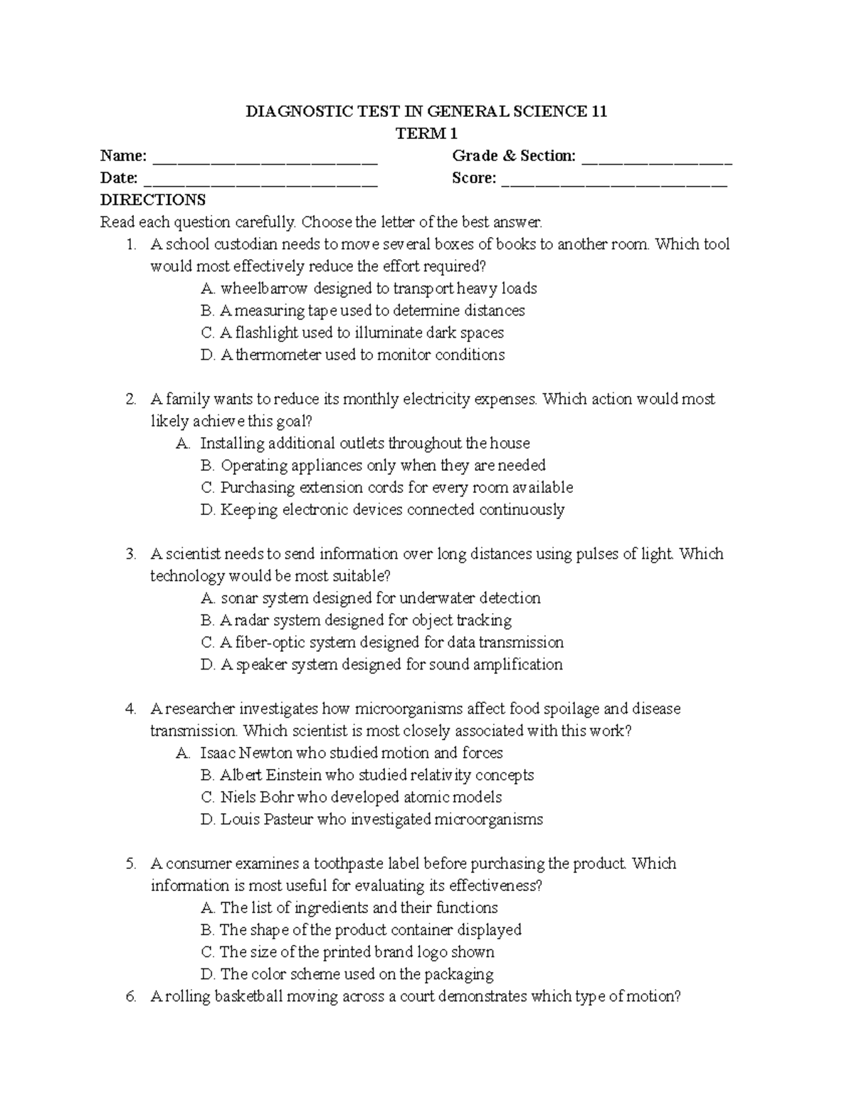 Grade 11 General Science Diagnostic Test - Term 1 - Studocu