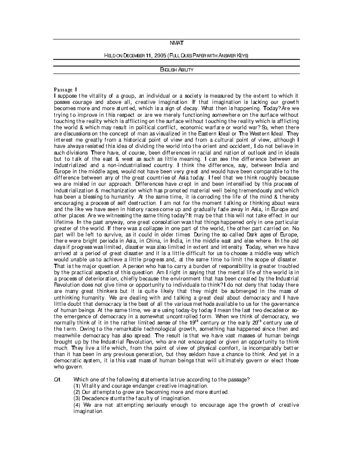 NMAT 2005 Full Question Paper with Answer Keys - English Ability - Studocu