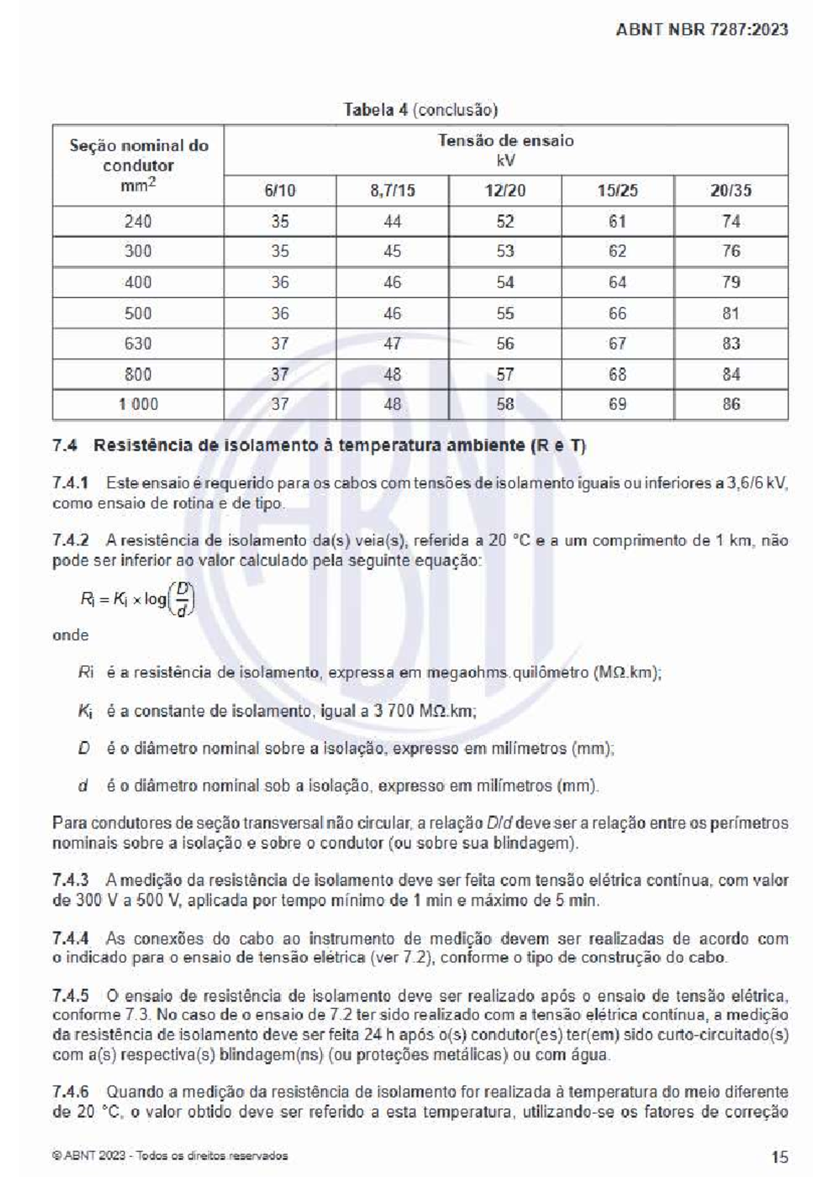 ABNT NBR 7287:2023 - Ensaios de Resistência de Isolamento e Tensão ...