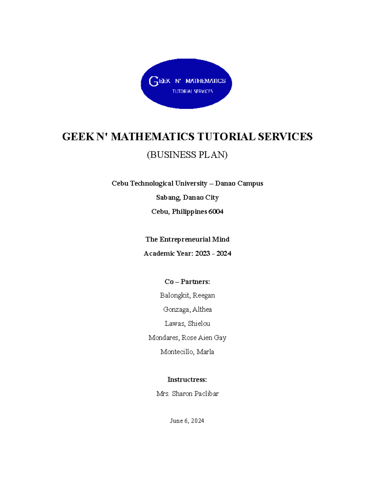 GEEK N' Mathematics Tutorial Services - Business Plan - Group 1 - GEEK ...