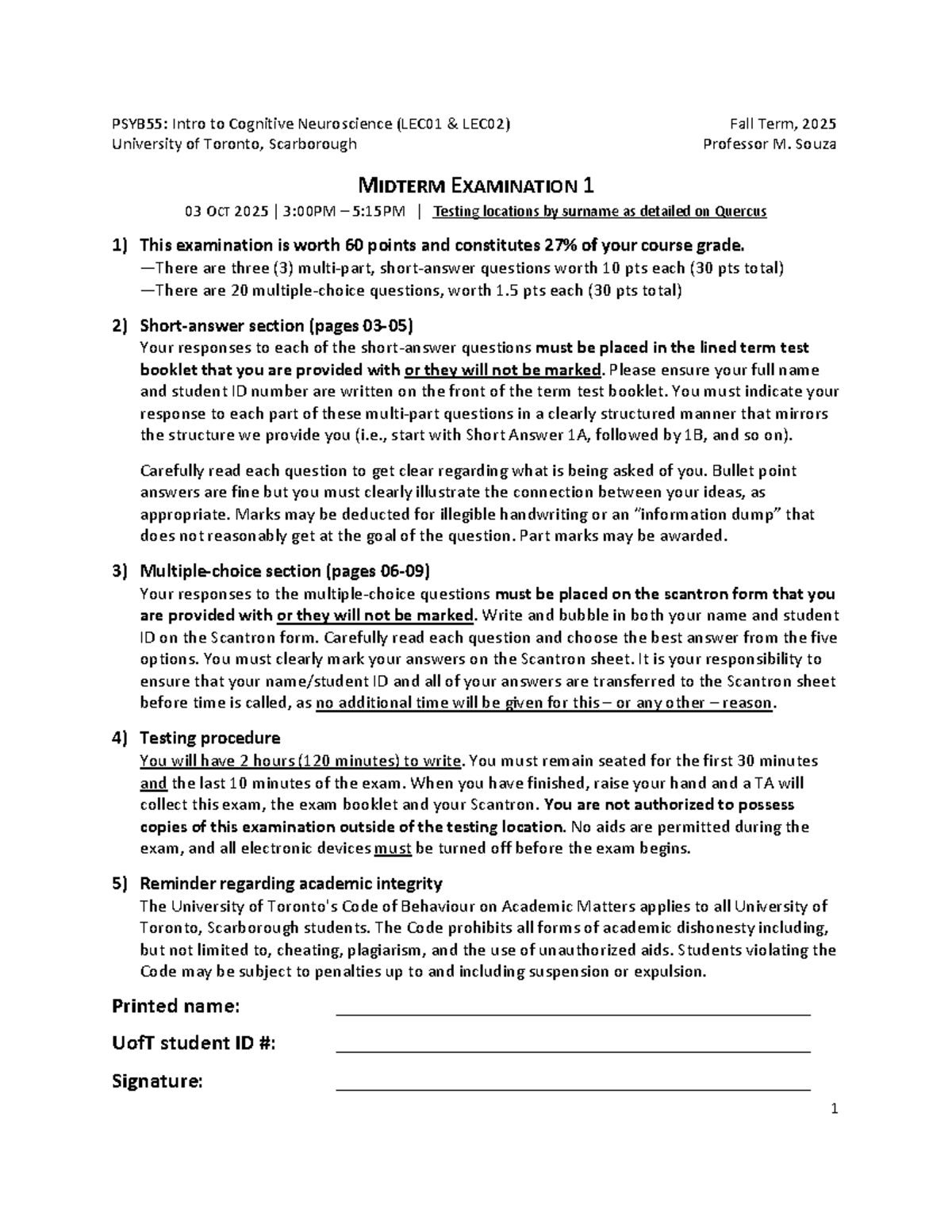 PSYB55: Midterm Exam 1 Cover Page - Cognitive Neuroscience Fall 2025 ...