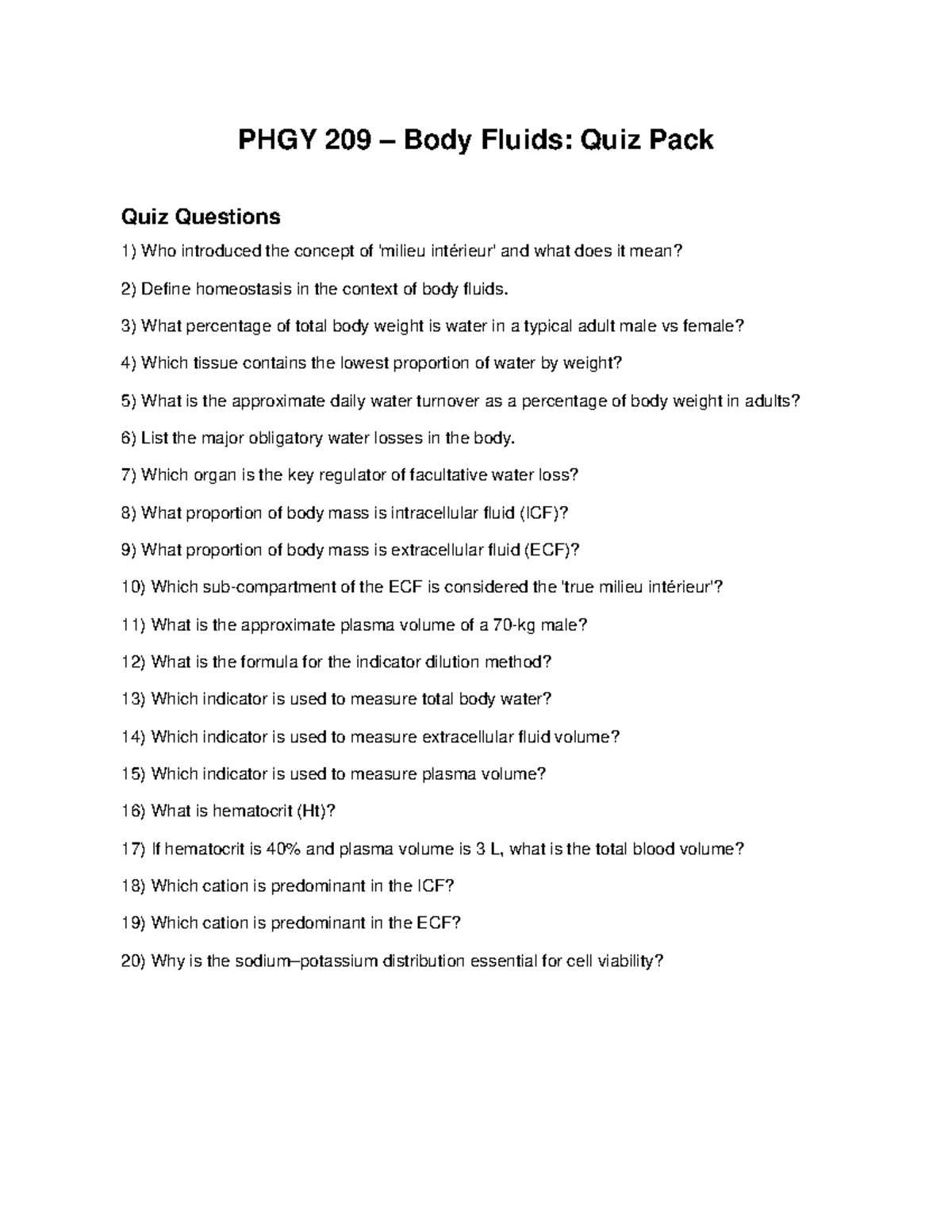 PHGY 209 Body Fluids: Comprehensive Quiz Questions - Studocu