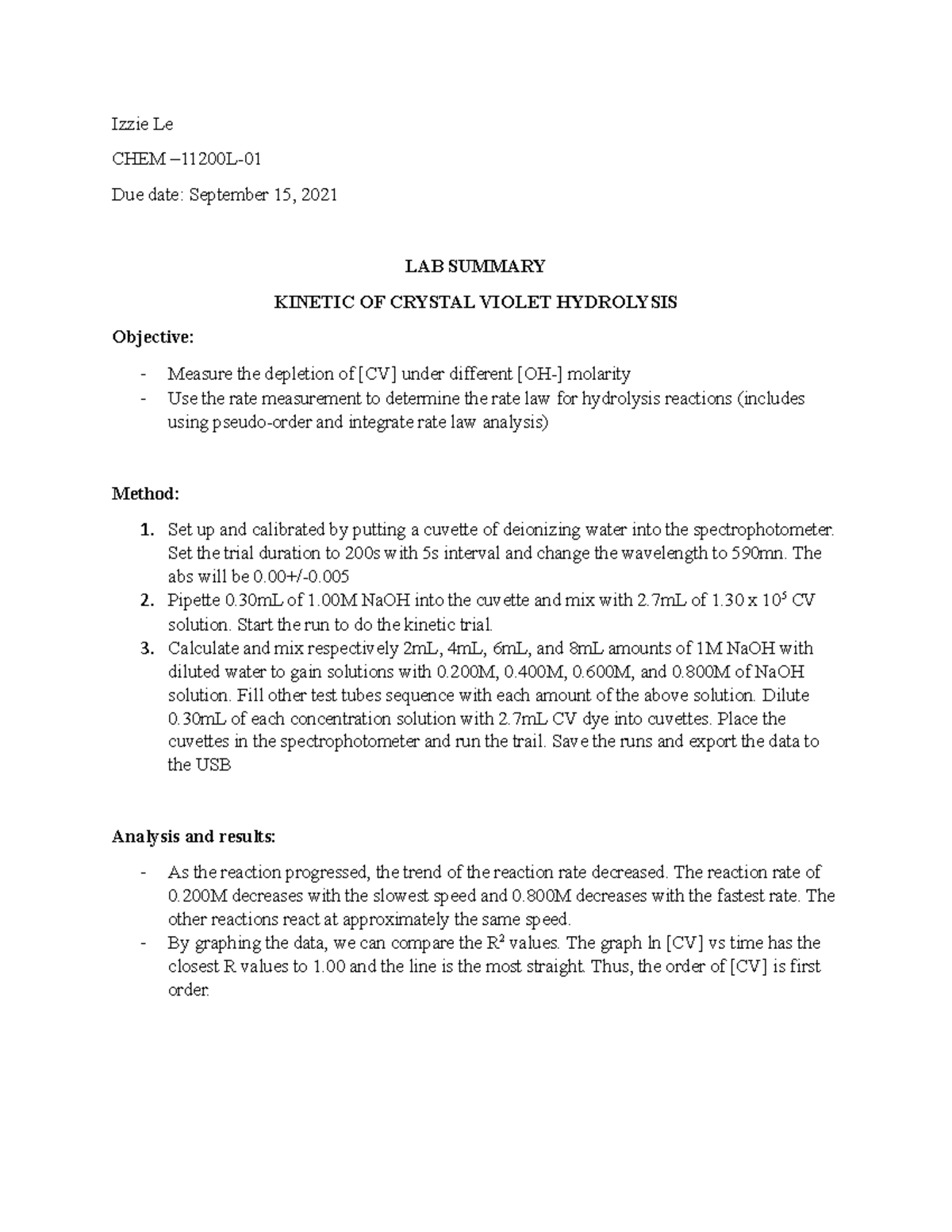 CHEM-11200L: Kinetic Analysis of Crystal Violet Hydrolysis Lab Summary ...