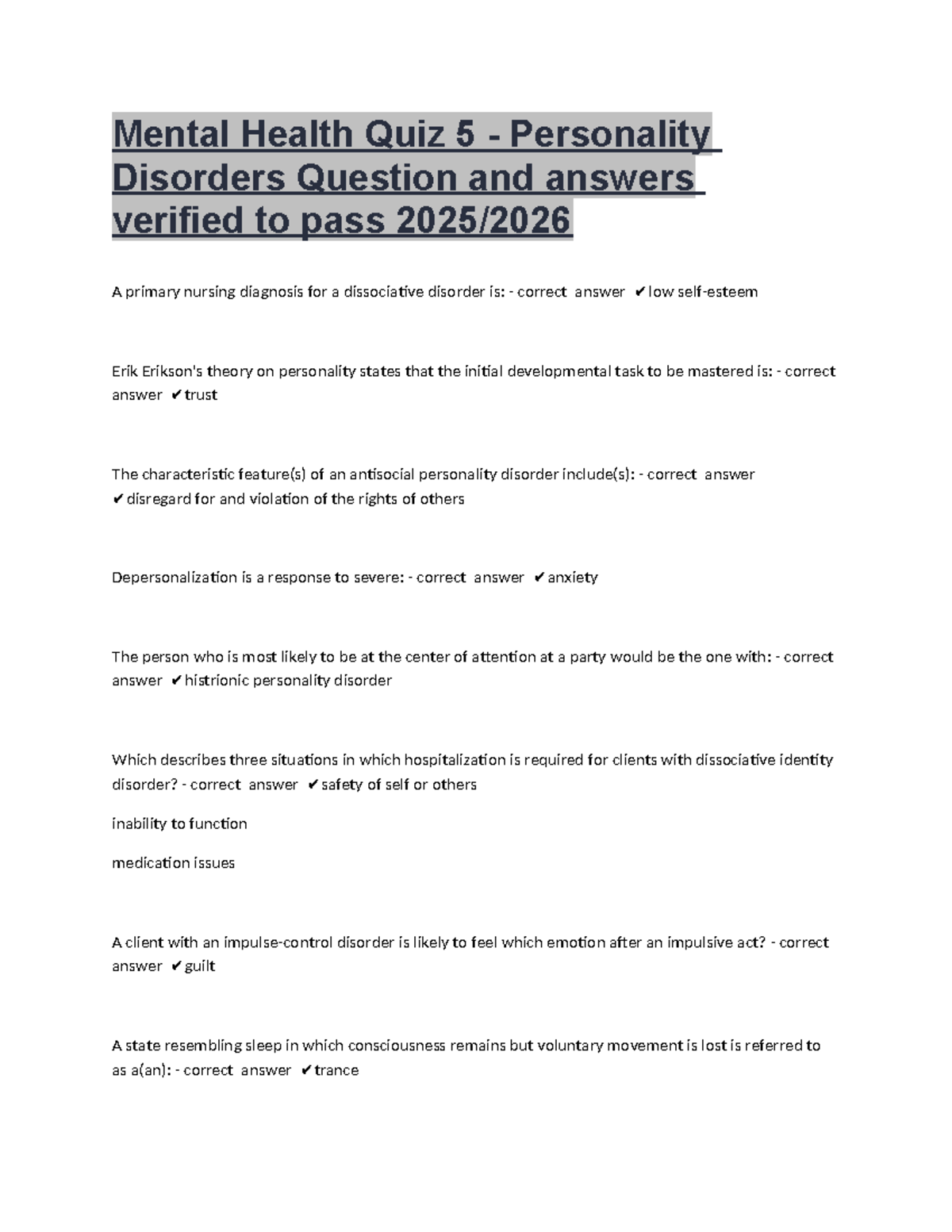 Mental Health Quiz 5: Personality Disorders Q&A Guide - Studocu