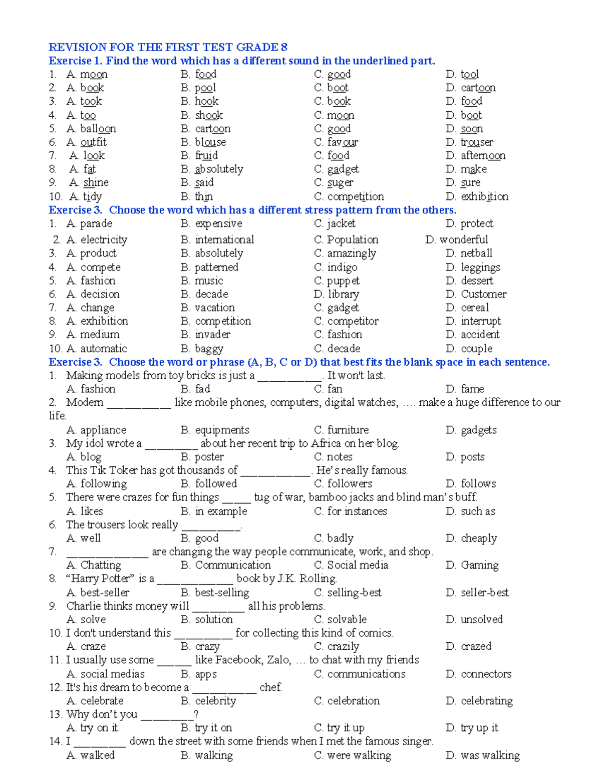PRACTICE TEST GRADE 8 - REVISION FOR THE FIRST TEST - Studocu