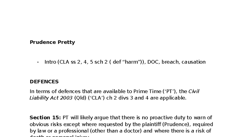 Week 8 Torts: Prudence Pretty Case Study (CLA ss 2, 4, 5) - Studocu