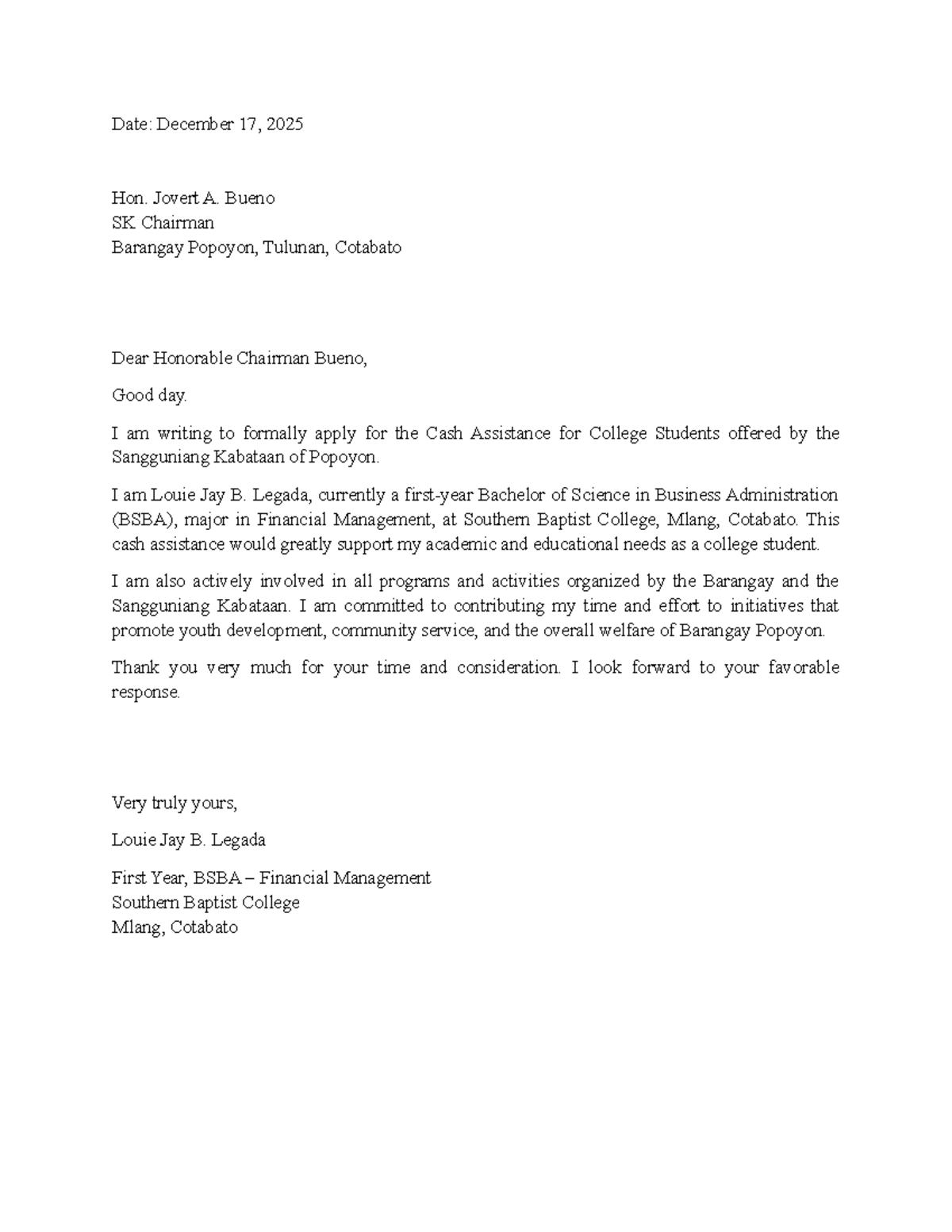 SK Application for Cash Assistance - BSBA Financial Management - Studocu