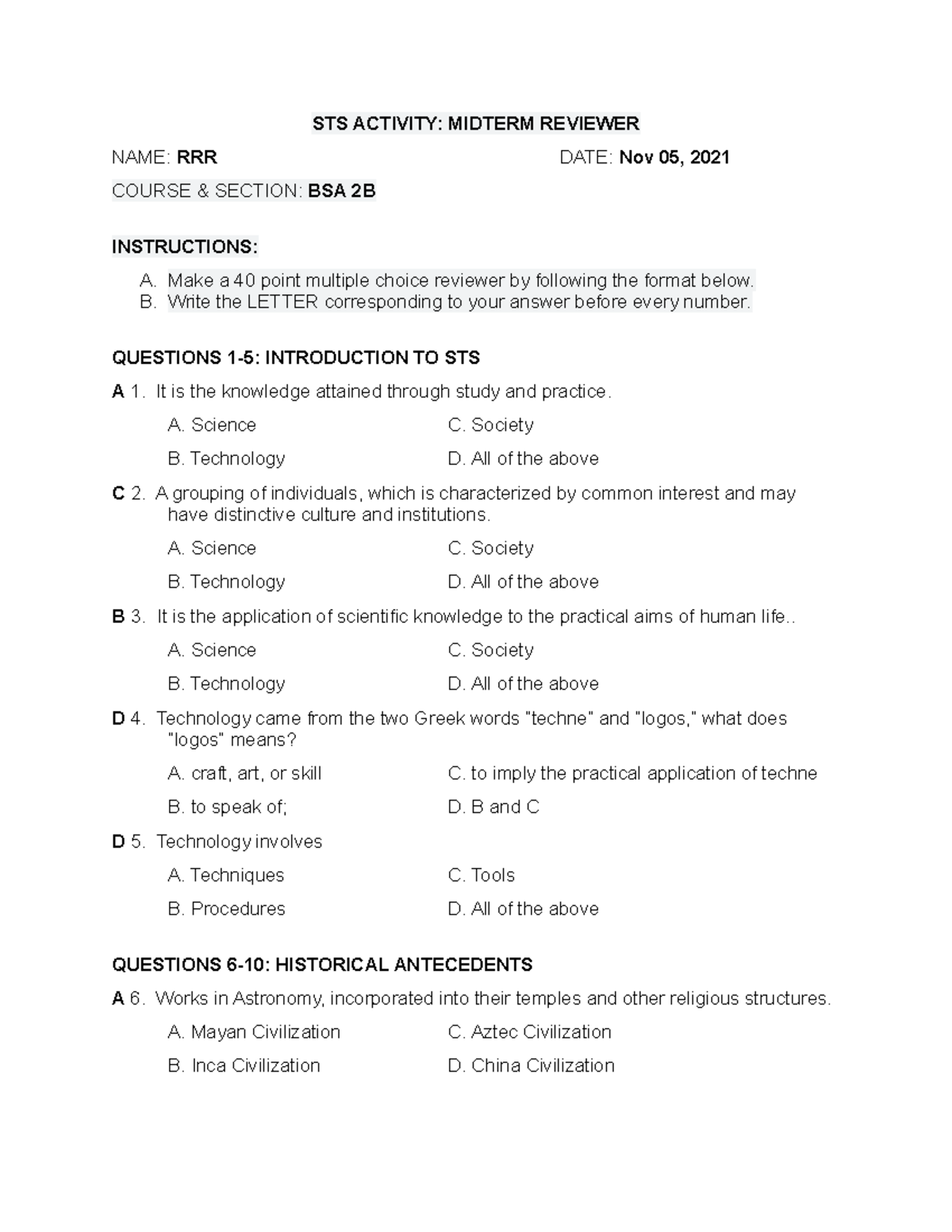 BSA 2B; Midterm Reviewer for STS Activity and Quiz Preparation - Studocu