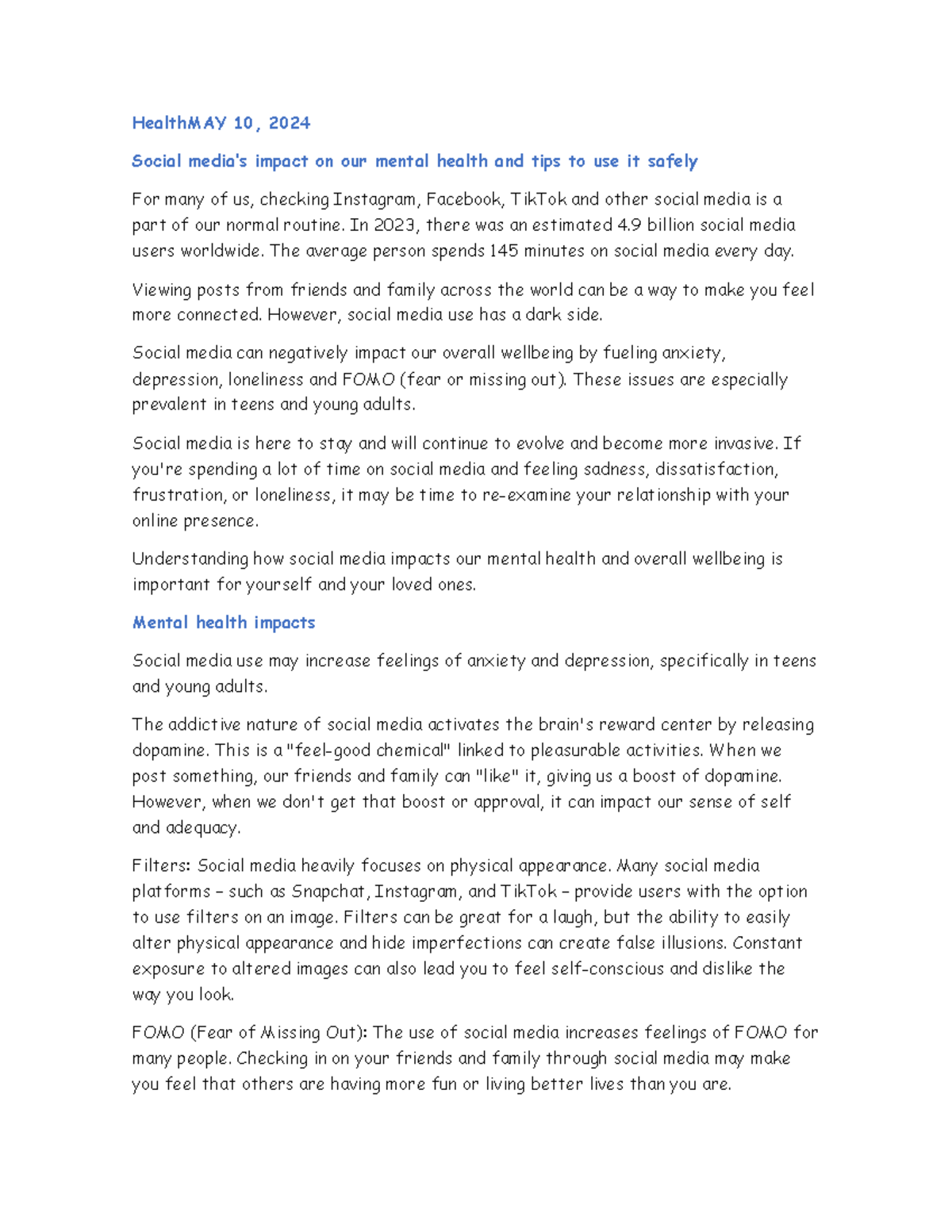Social Media Impact on Mental Health - GWSHHH Test Notes - Studocu