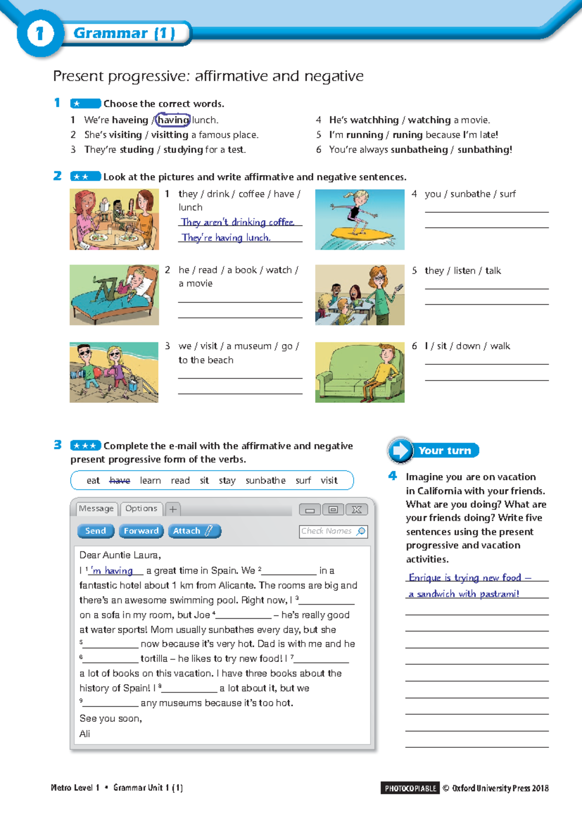 Metro Level 1 Grammar Worksheets - Present Progressive Exercises - Studocu