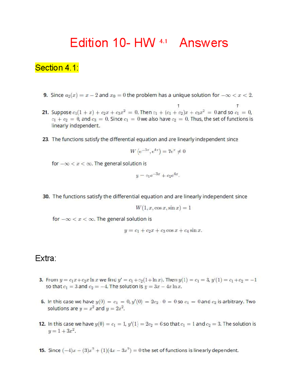 HW 4.1 Solutions: Linear Independence & Differential Equations - Studocu