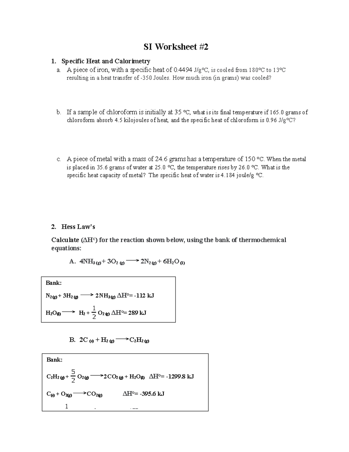Thermochemistry Part 2 SI Worksheet #2 - SI Worksheet 1. Specific Heat ...