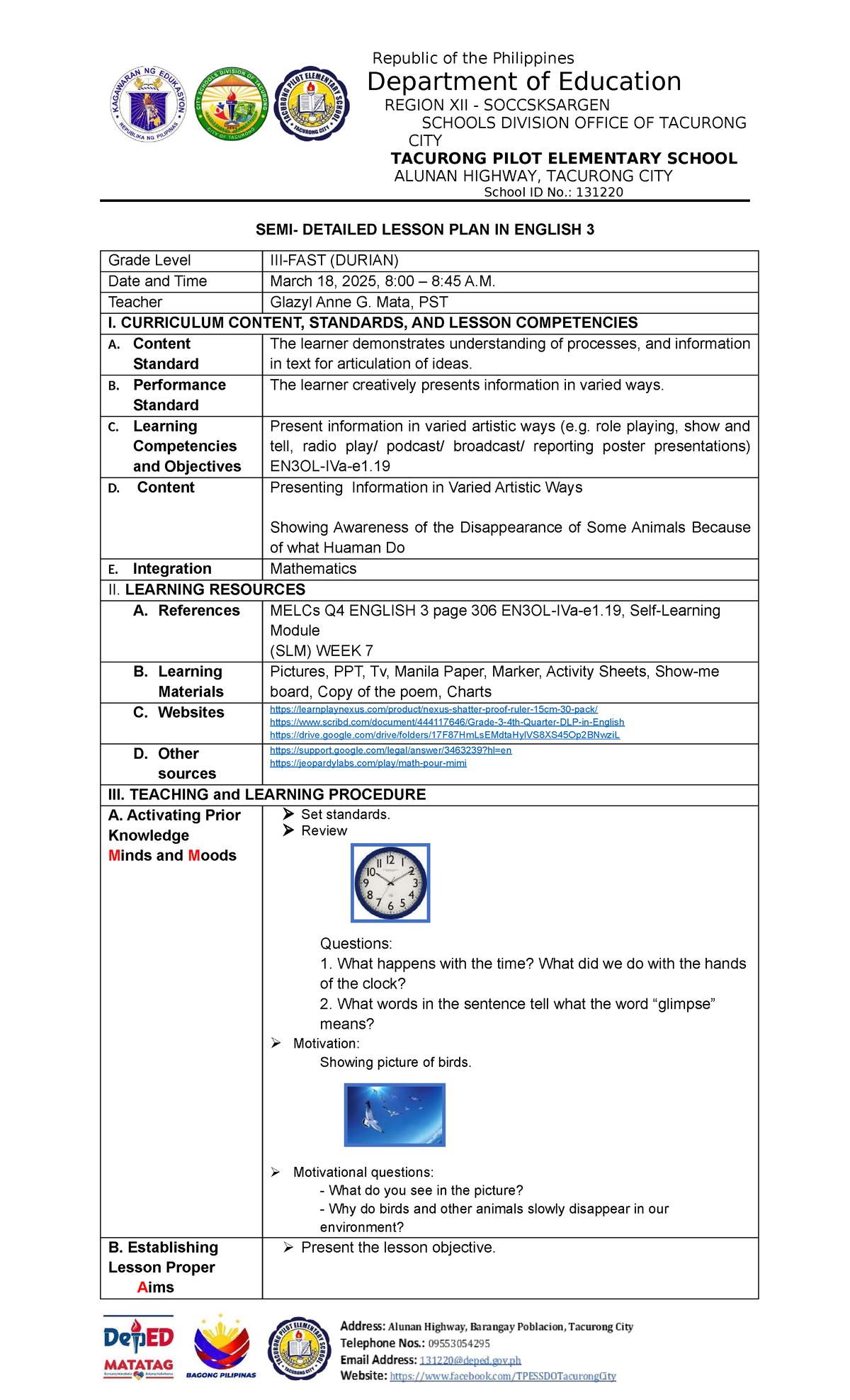 Detailed Lesson Plan in English 3 - Week 7 (Grade DURIAN) - Studocu