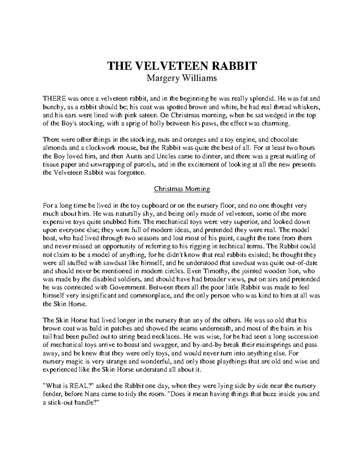 The Velveteen Rabbit - A Study Handout on Margery Williams' Classic ...