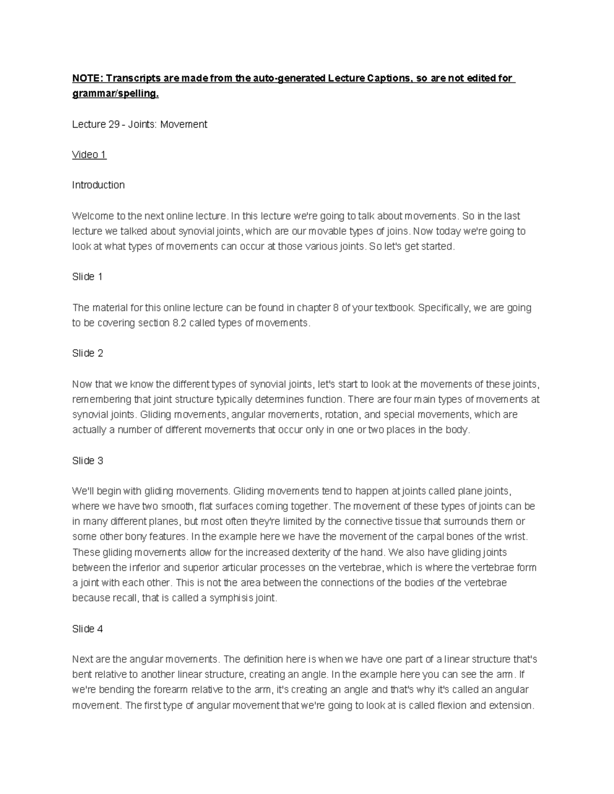 Lecture 29 - Joints- Movement - NOTE: Transcripts are made from the ...