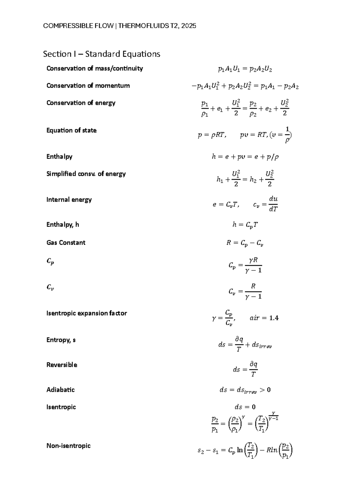 Mech3610 Compressible Flow Thermofluids Formulas T2, 2025 - Studocu