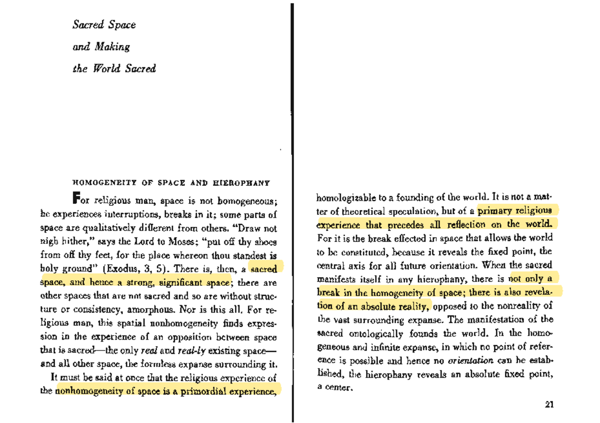 Eliade - Sacred Space and the Making of the World Sacred - Studocu