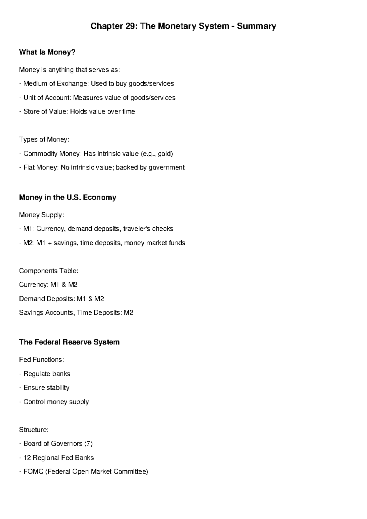 Chapter 29 Summary Understanding The Monetary System Studocu