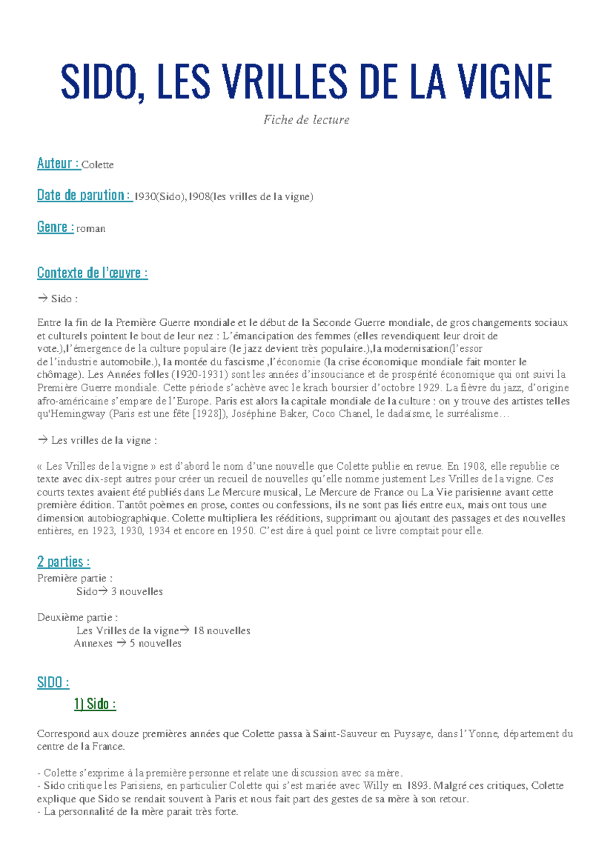 Fiche de Lecture : Sido et Les Vrilles de la Vigne de Colette - Studocu