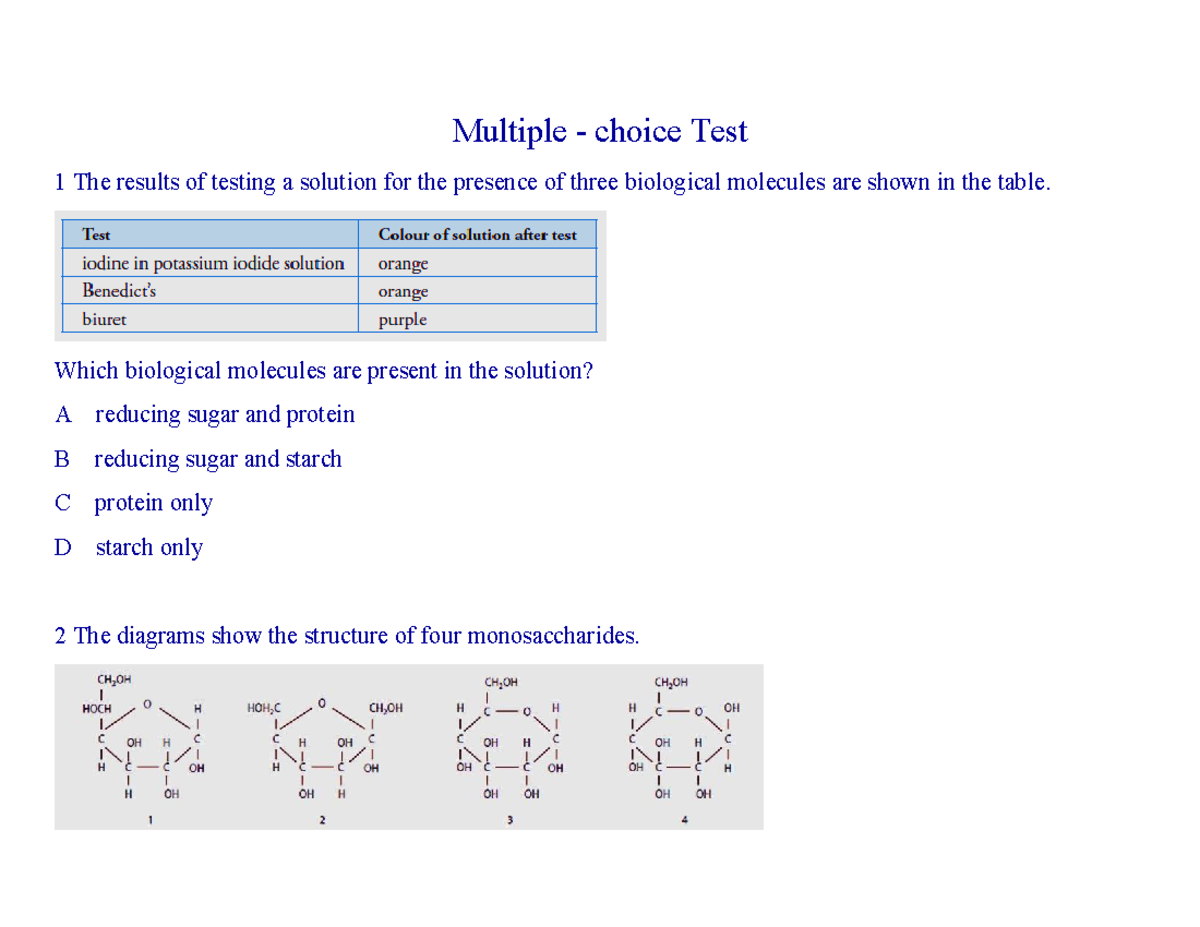 Biology AS 7500: Multiple Choice Test on Biological Molecules - Studocu