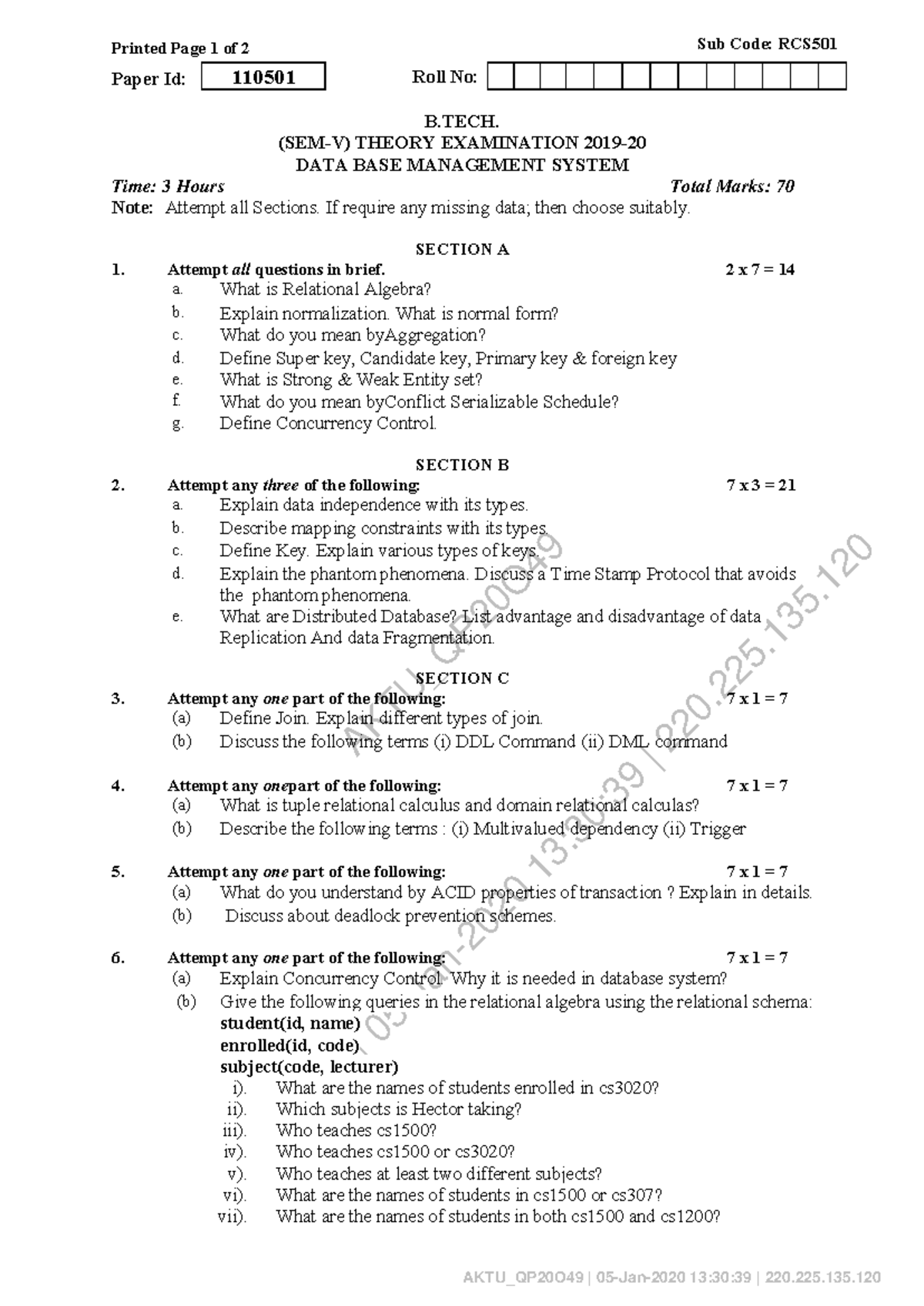 RCS501: DBMS 5-Year Theory Exam Questions and Answers - Studocu