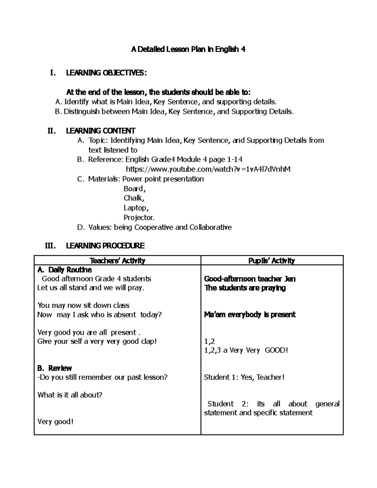 Lesson Plan on Main Idea, Key Sentence & Supporting Details - English 4 ...