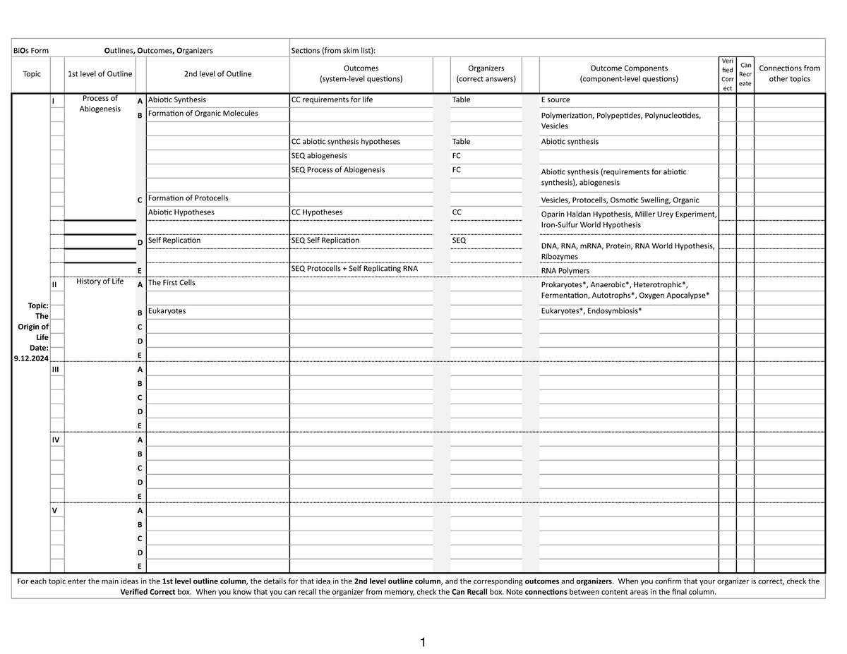 Origins of life: Process of abiogenesis outline and organizers - Studocu