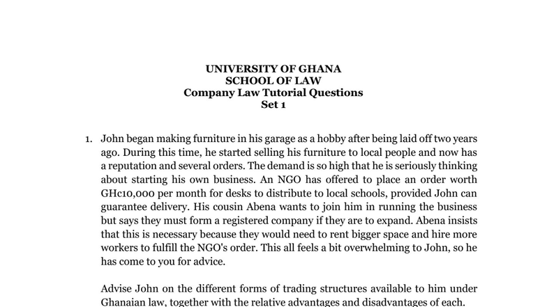 UNIVERSITY OF GHANA SCHOOL OF LAW Company Law Tutorial Questions Set 1 ...