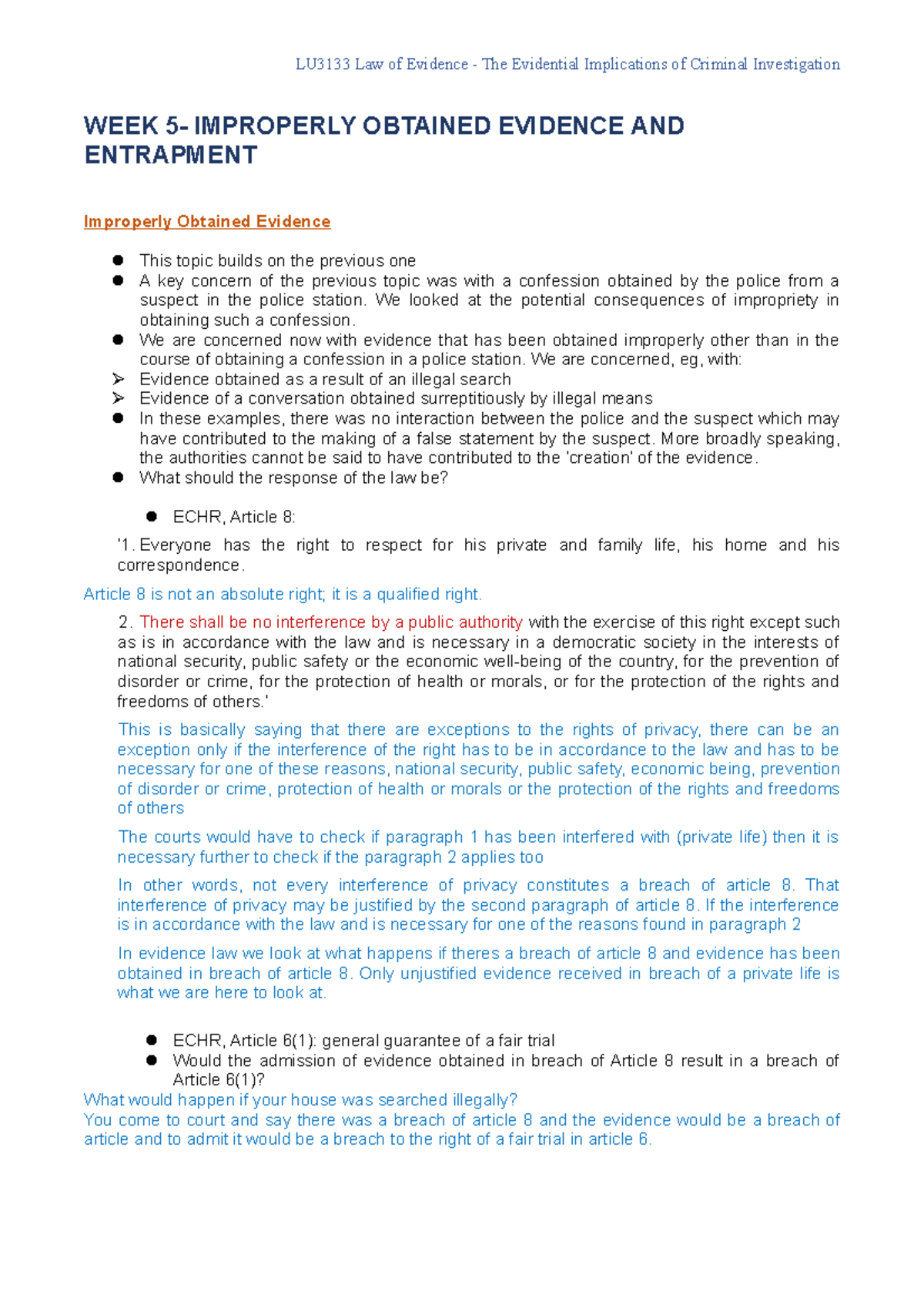 Evidence Law Lecture 5: Improperly Obtained Evidence & Entrapment - Studocu