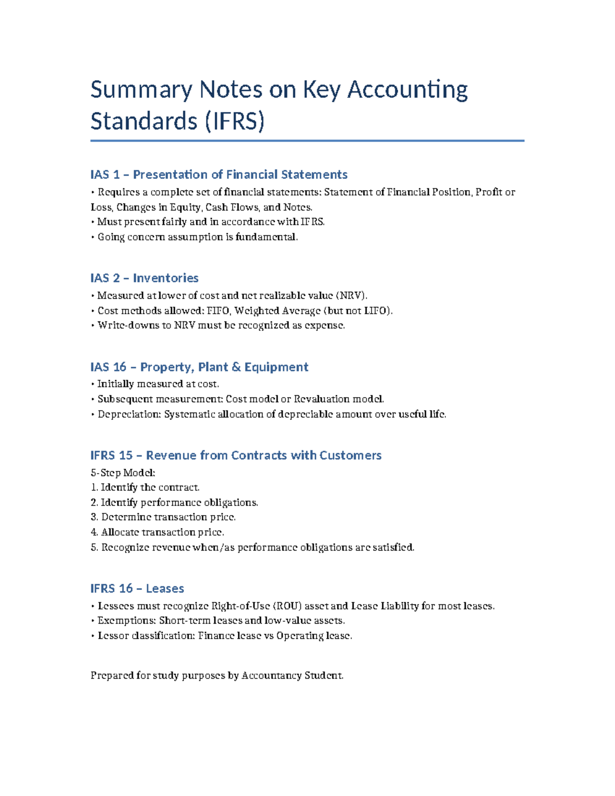 Accounting Summary Notes on Key IFRS Standards (ACCT 101) - Studocu