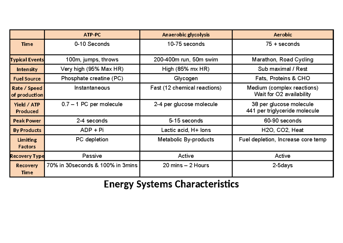 Energy System Characteristics: Anaerobic vs Aerobic (Match Cards) - Studocu
