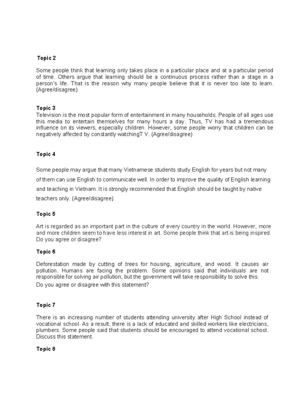 Writing Task 2-2: Agree/Disagree Essay Topics Analysis - Studocu