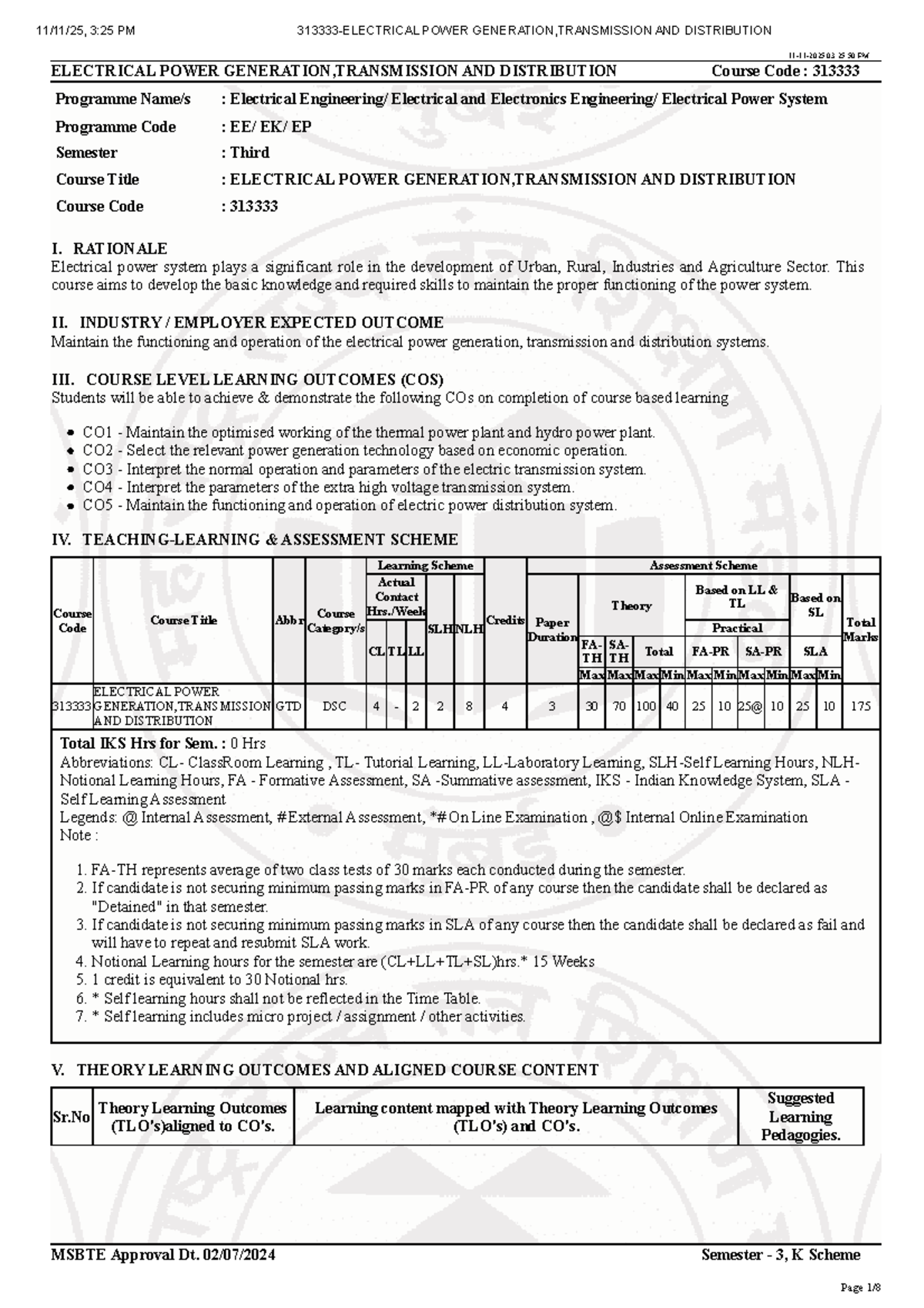 Electrical Power Generation, Transmission & Distribution - Course Code: EP, - Studocu