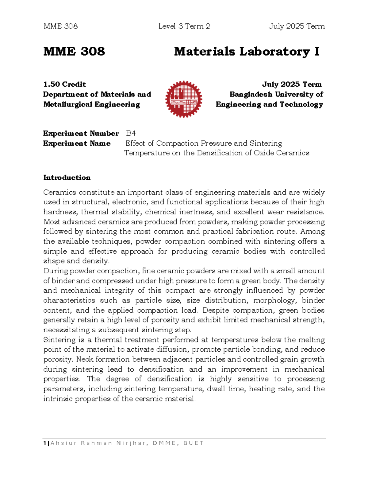 MME 308 Term 2 Lab Report: Compaction Pressure & Sintering Effects ...