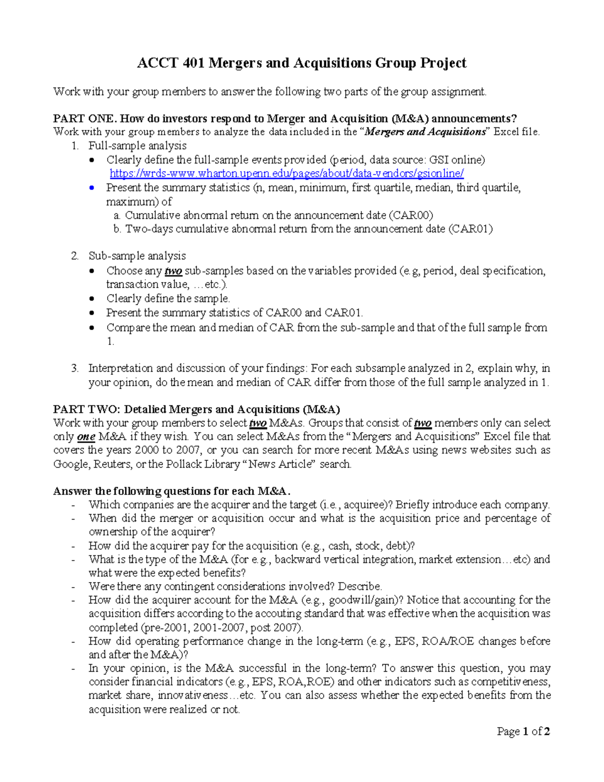 ACCT 401 Group Project Instructions: Mergers & Acquisitions Analysis ...