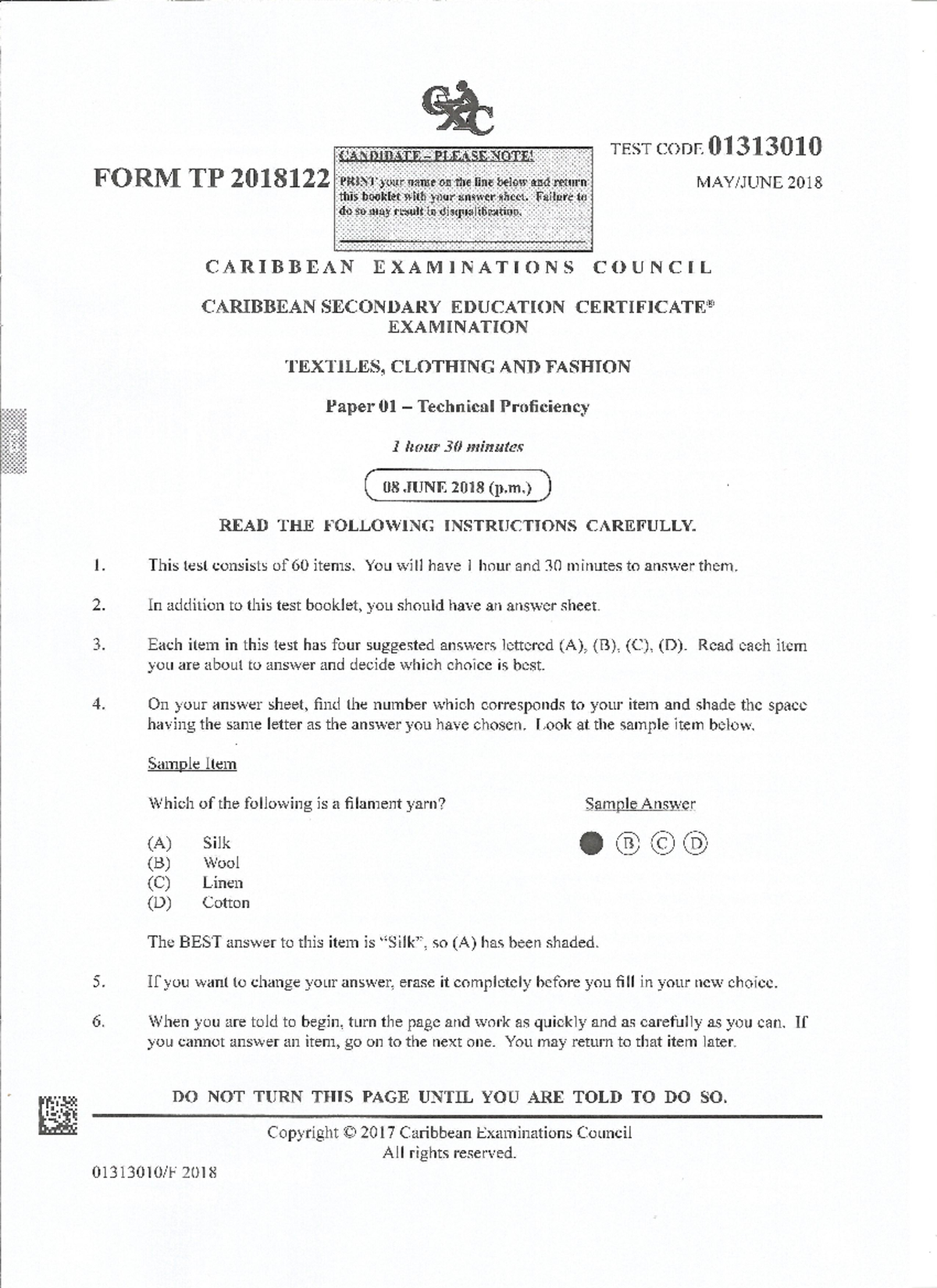 2018 CSEC Textiles, Clothing & Fashion Paper 1 Study Guide - Studocu