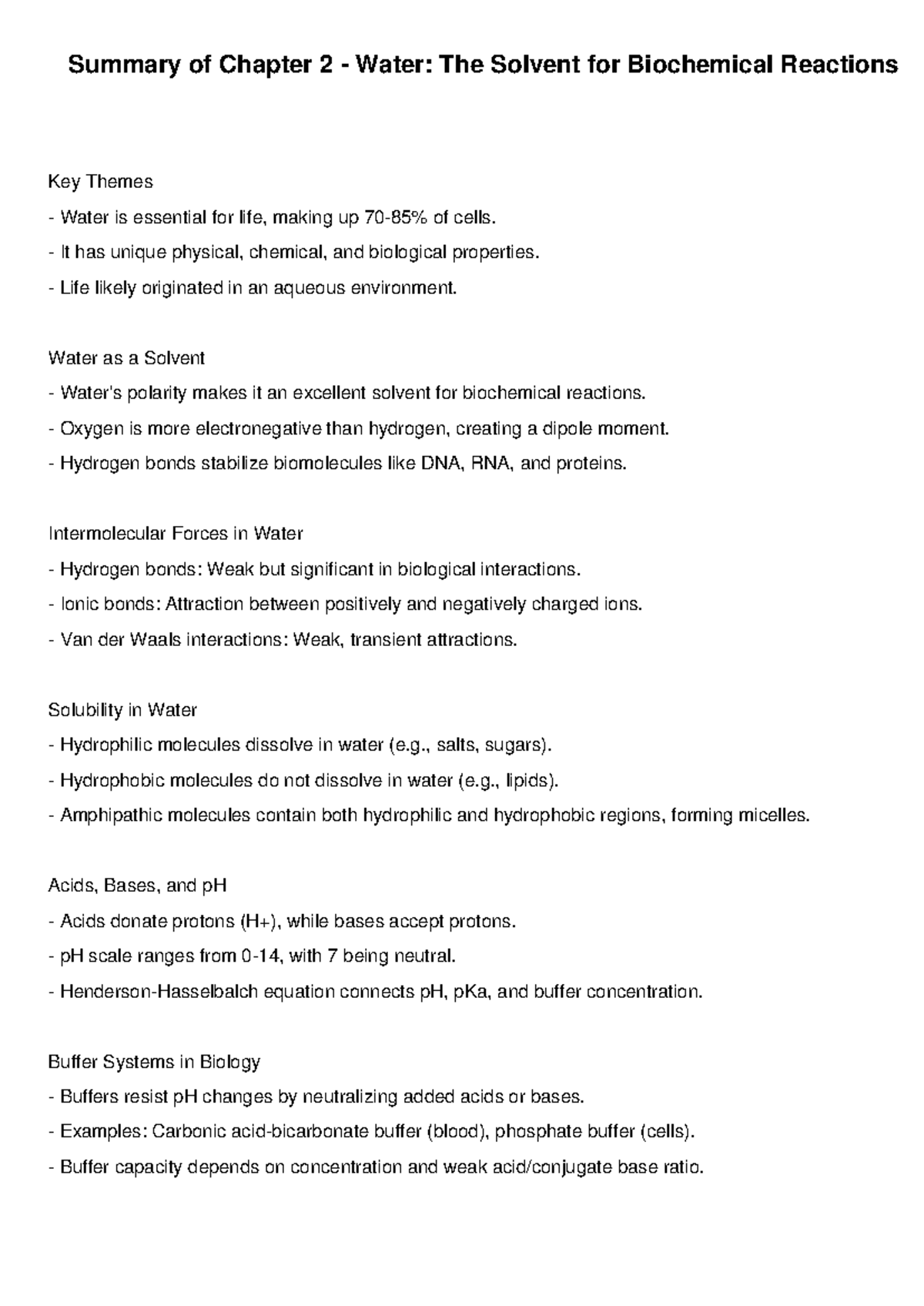 Biochemistry BIC 202 Chapter 2 Summary: Water as Life's Solvent - Studocu