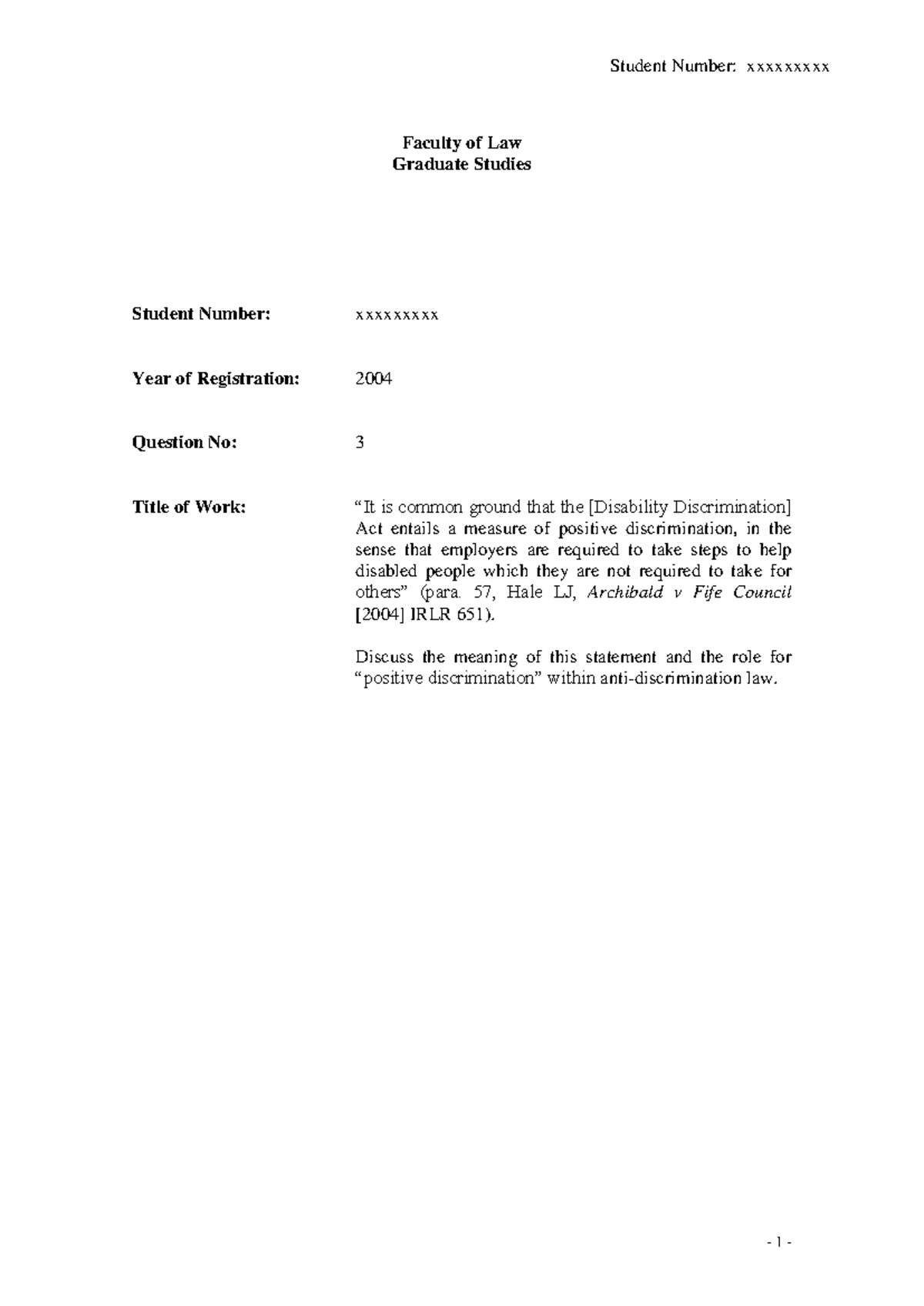 RWilks LLM Assignment Sample for student - Faculty of Law Graduate ...