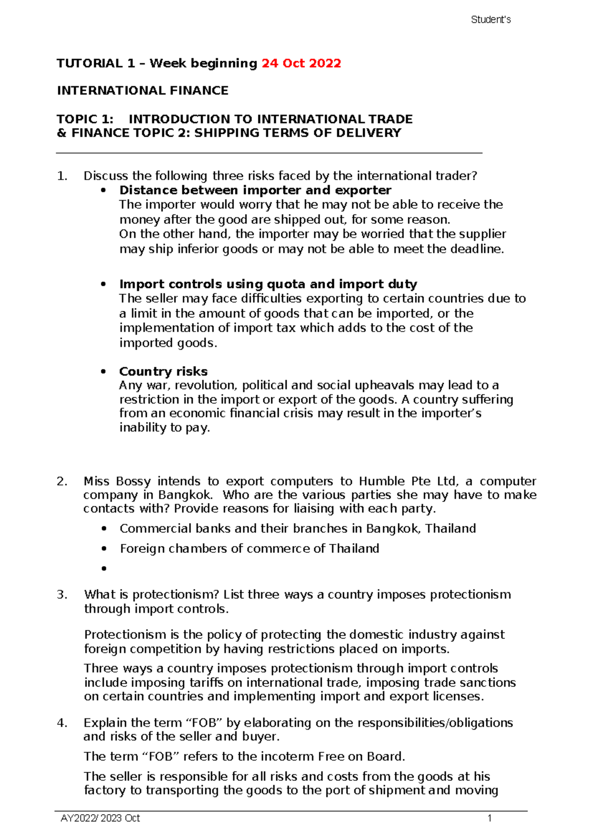International Finance TUTORIAL 1: Intro to Trade & Shipping Terms - Studocu