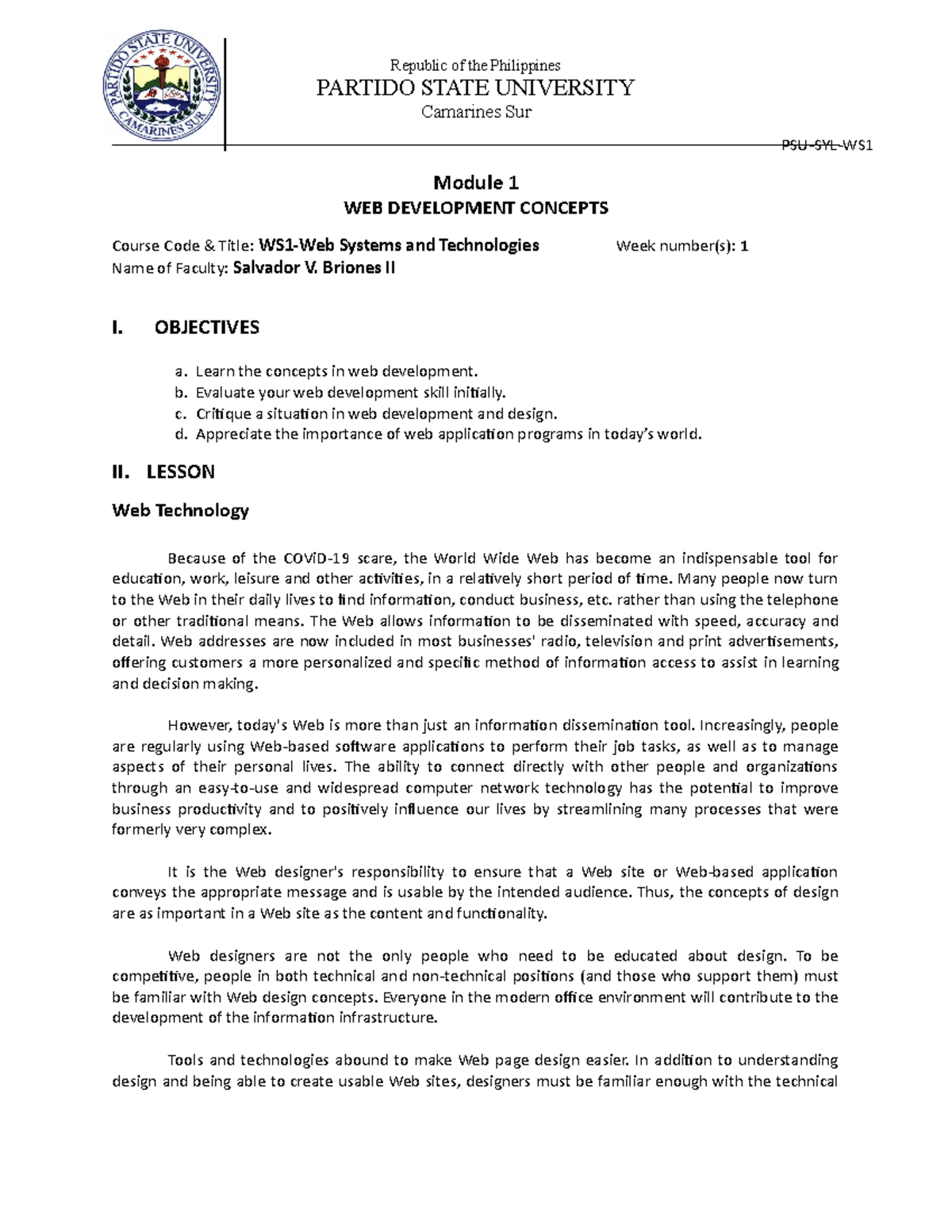 WS1 Module 1 - learning materials for Web Systems and Technologies ...