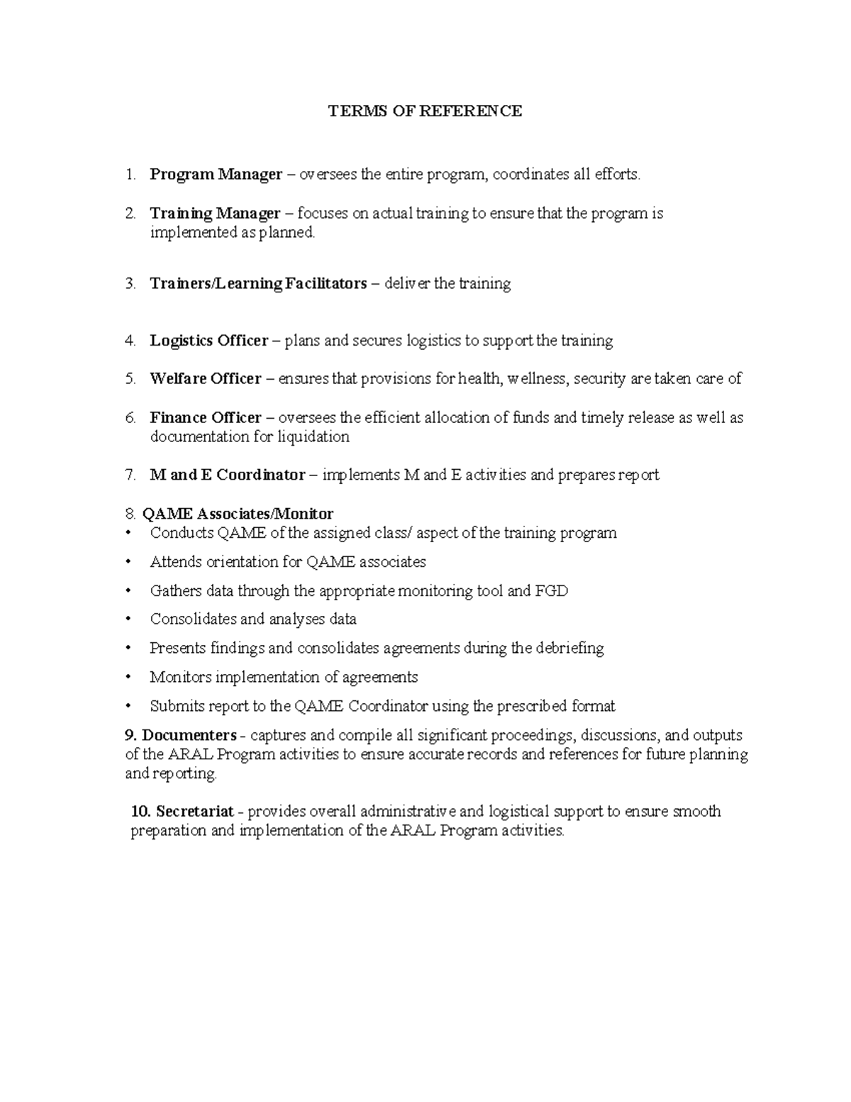 ARAL Program Terms of Reference: Roles & Responsibilities - Studocu