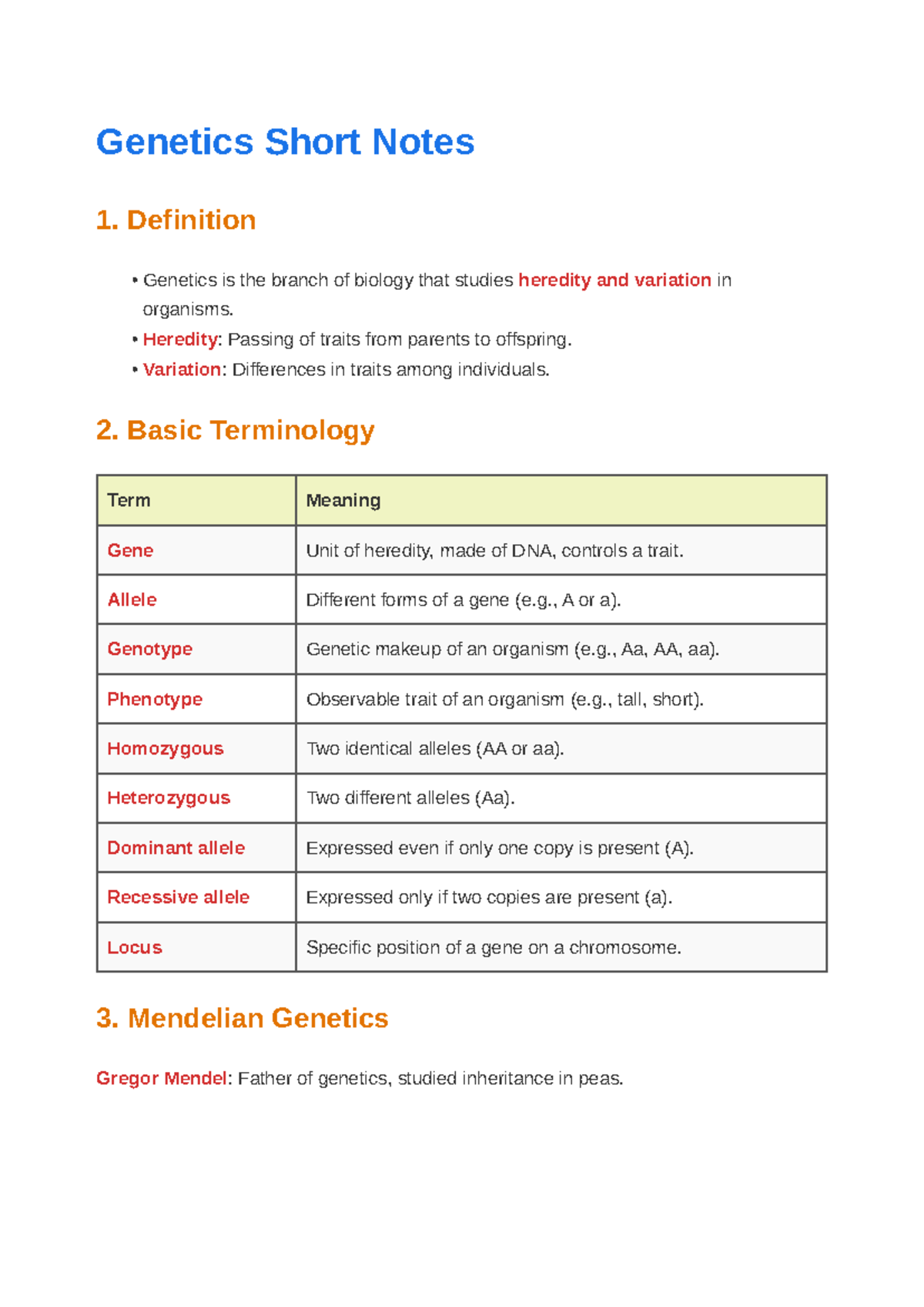 Genetics Short Notes (BIO101): Key Concepts & Terminology - Studocu