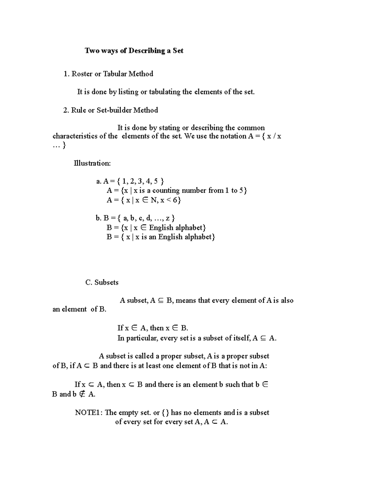 Two ways of Describing a Set - Two ways of Describing a Set Roster or ...