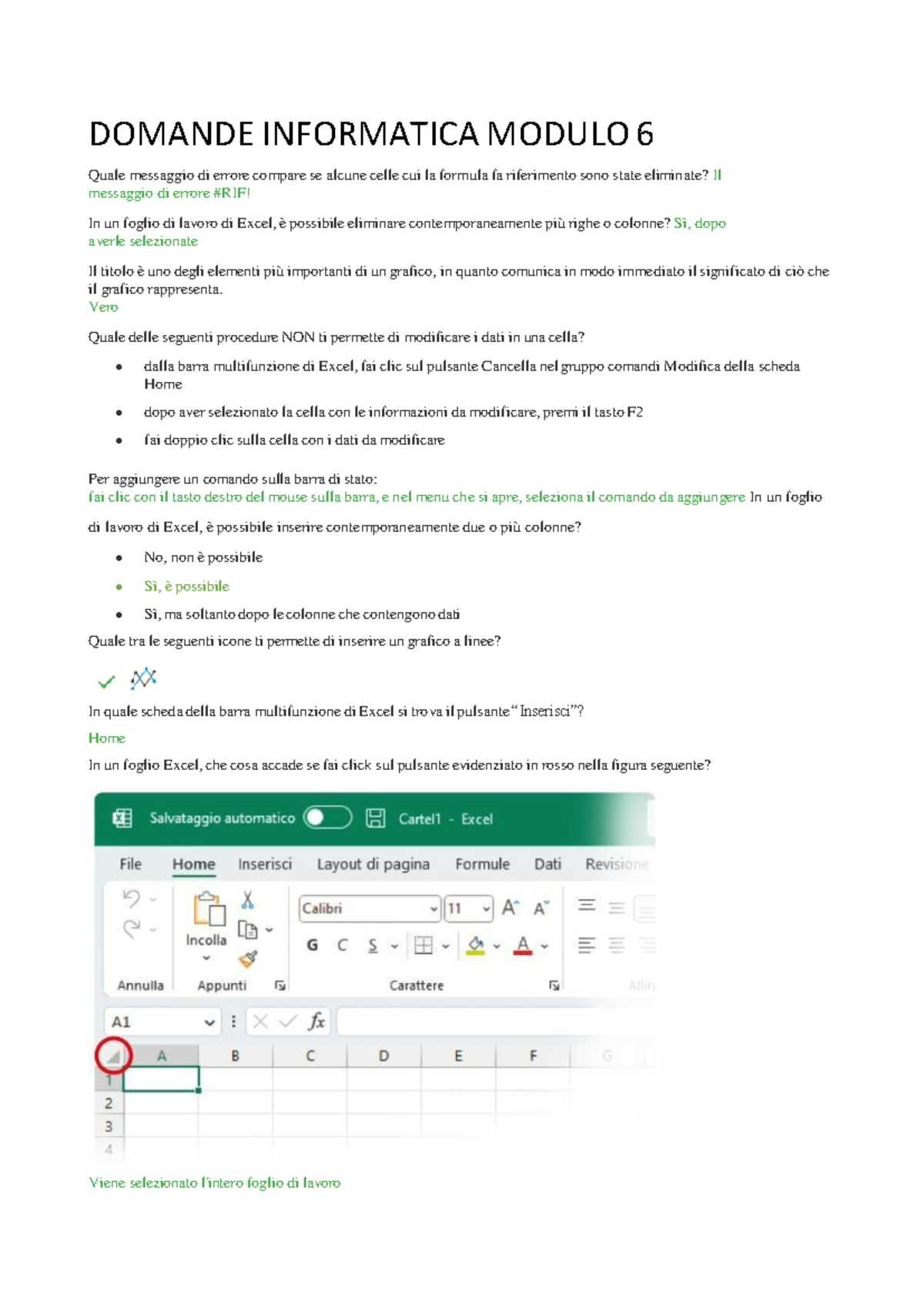 Domande di Informatica: Modulo 6 e Risposte su Excel - Studocu