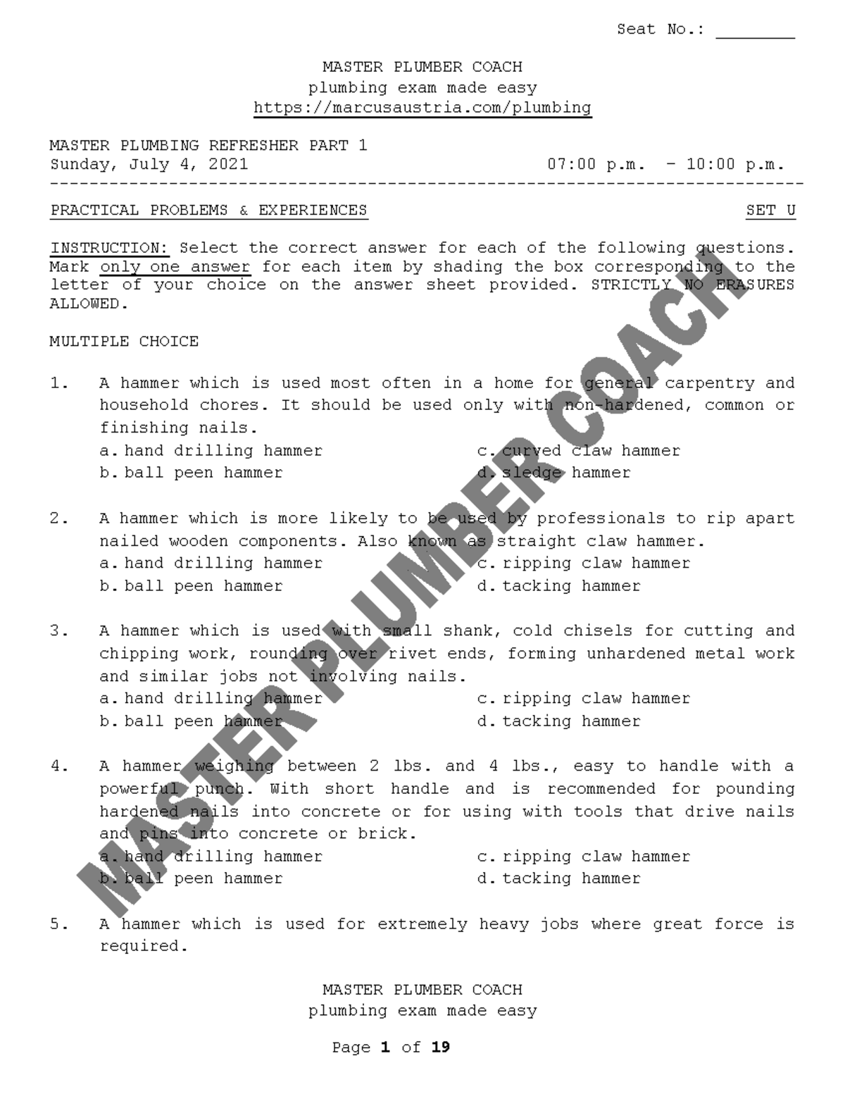 MASTER PLUMBING REFRESHER PART 1: Practical Exam Questions - Studocu