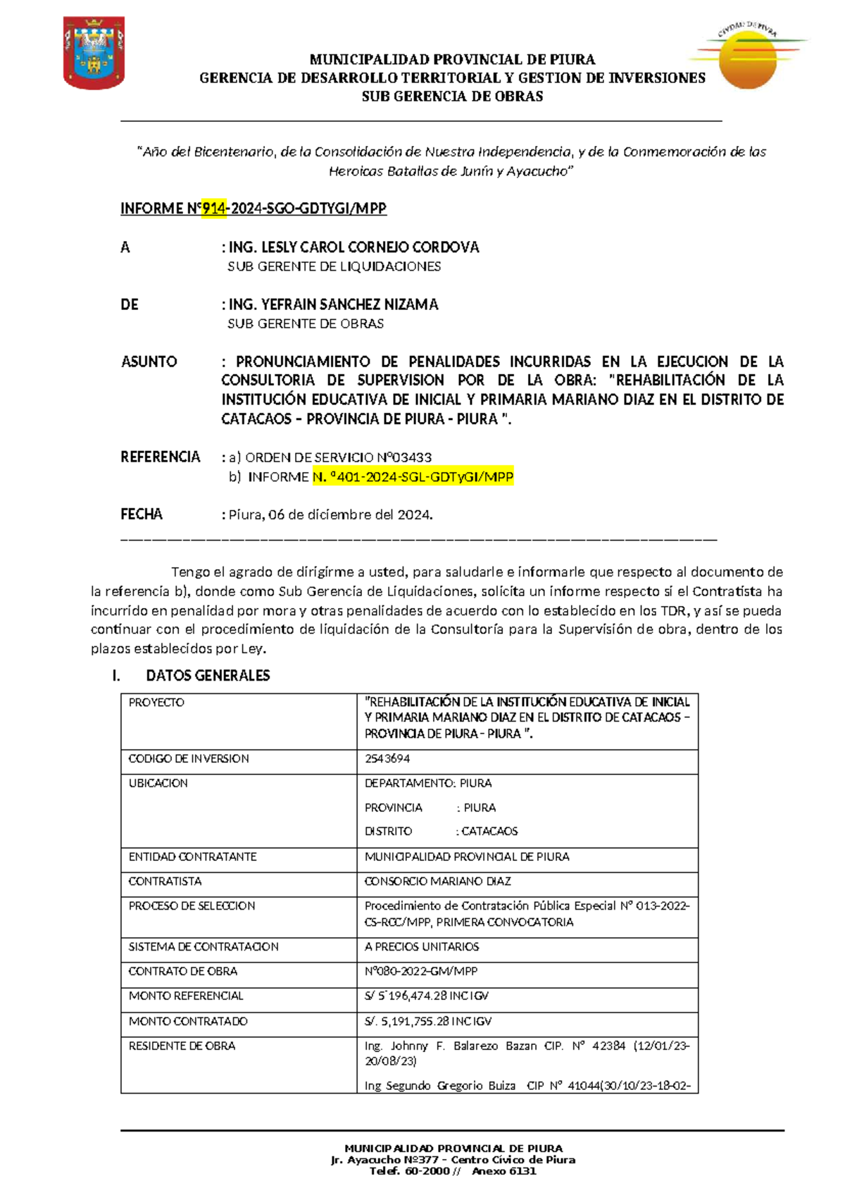Informe N°914-2024: Penalidades en Consultoría de Supervisión de Obra ...