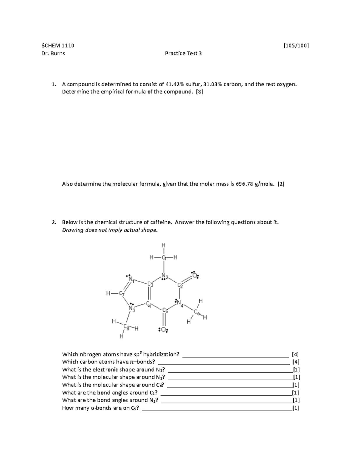 Practice Exam 3 for CHEM 1110 - Chemical Bonding & Structures - Studocu