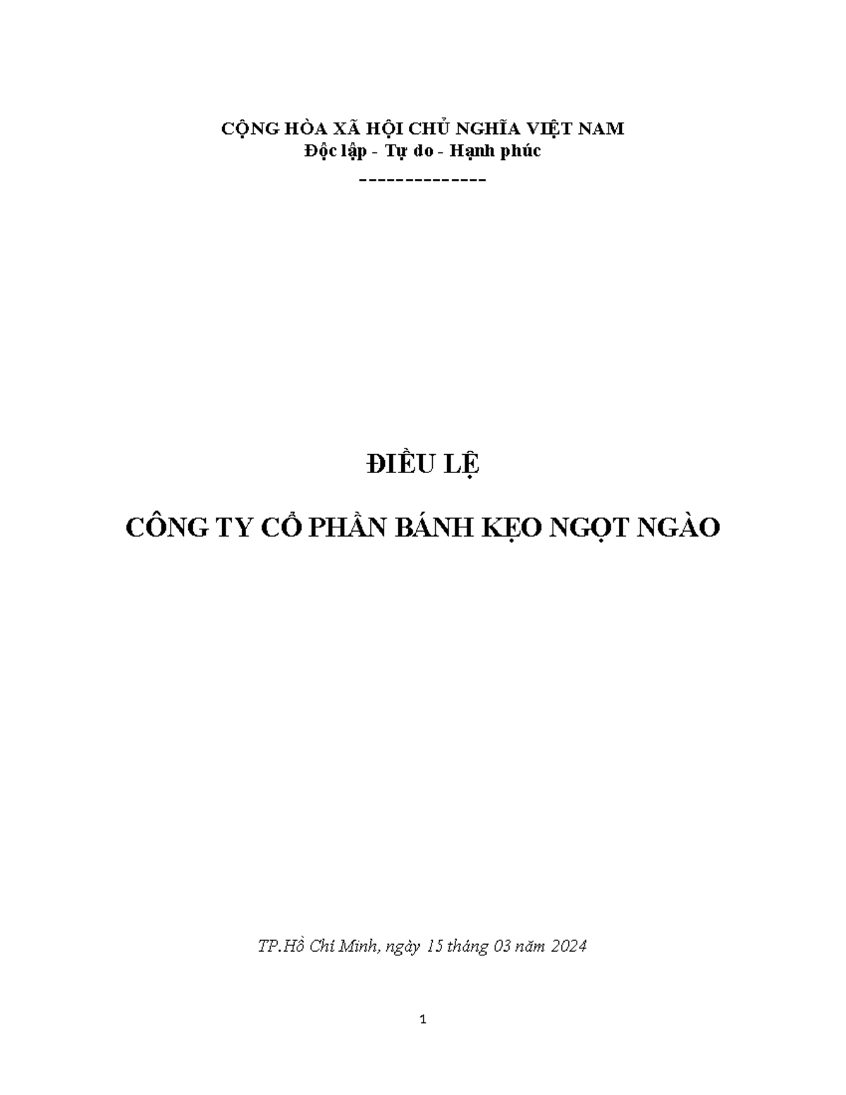 ĐIỀU LỆ CÔNG TY CỔ PHẦN BÁNH KẸO NGỌT NGÀO - Nhóm 1 - Studocu